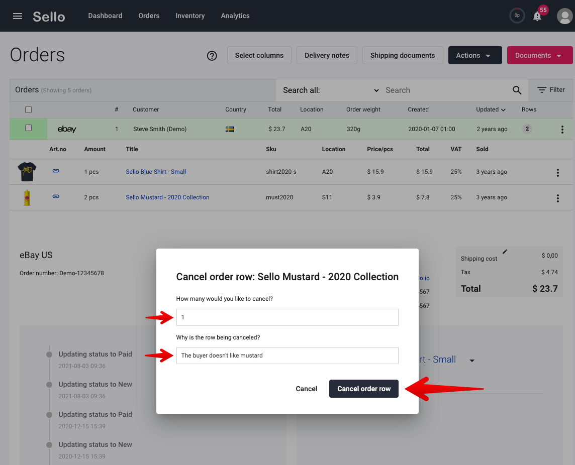 How to cancel order item – Sello