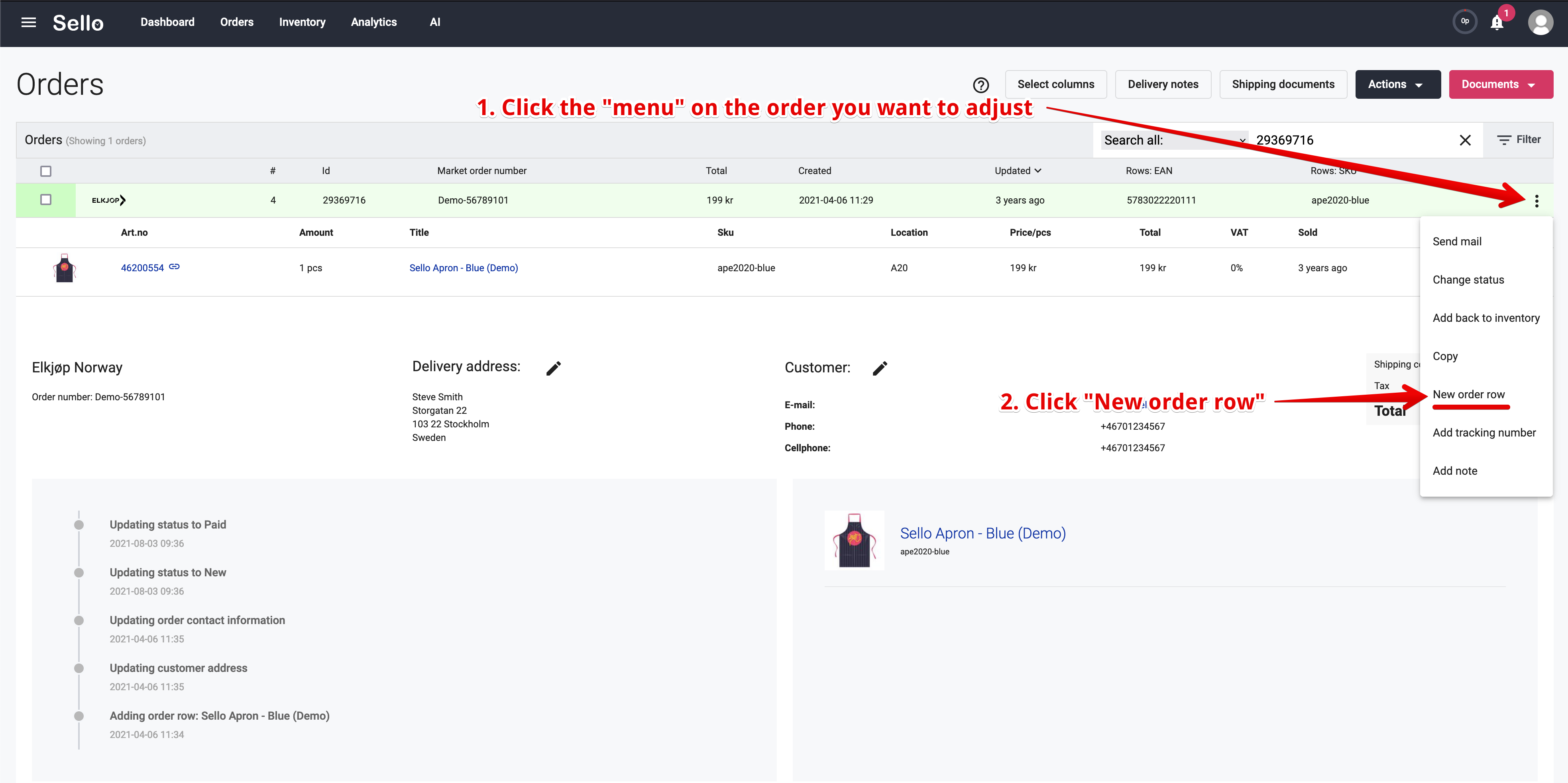 How to add line to order – Sello